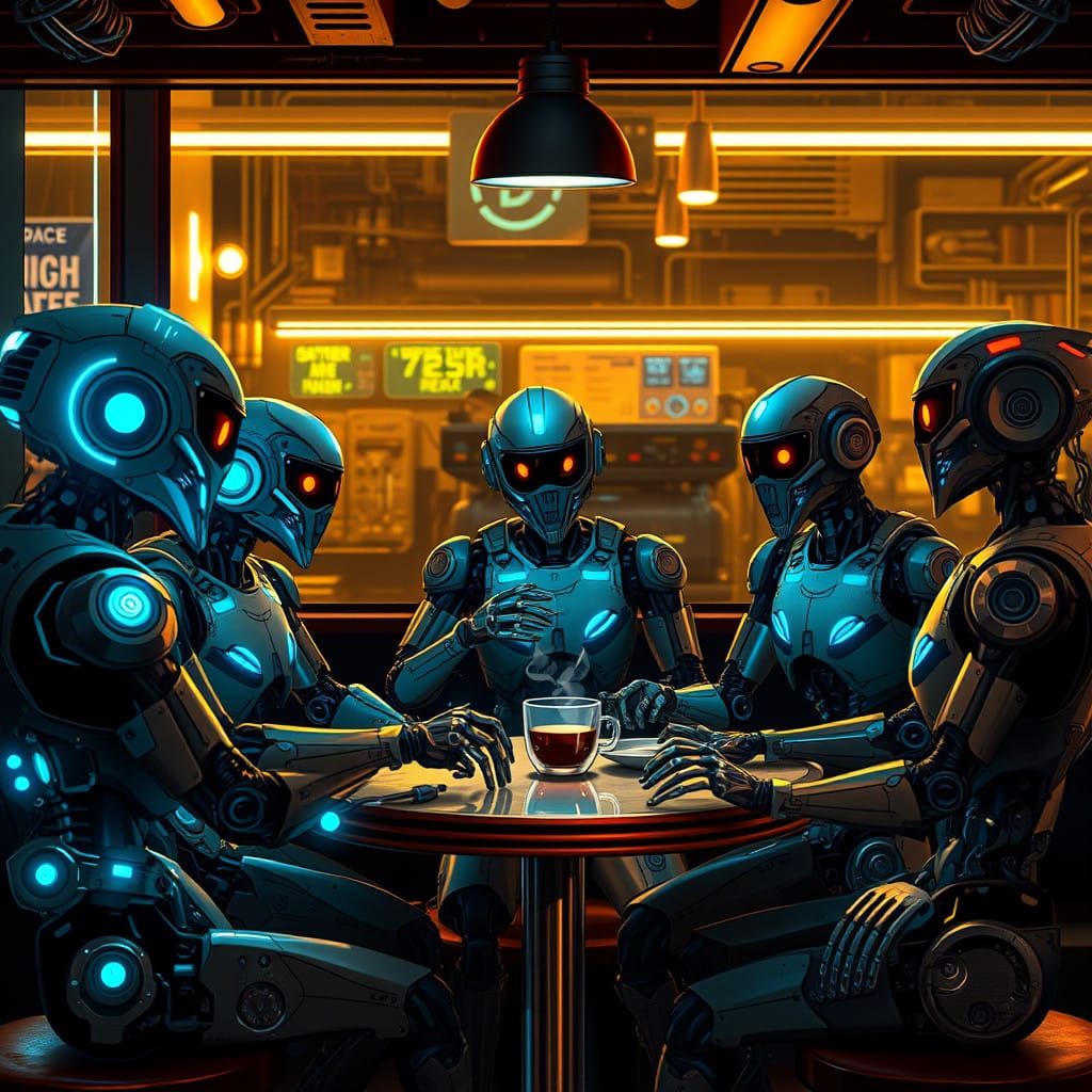 Cyberpunk Robot Artist Sips Coffee in Futuristic C... - AI Art