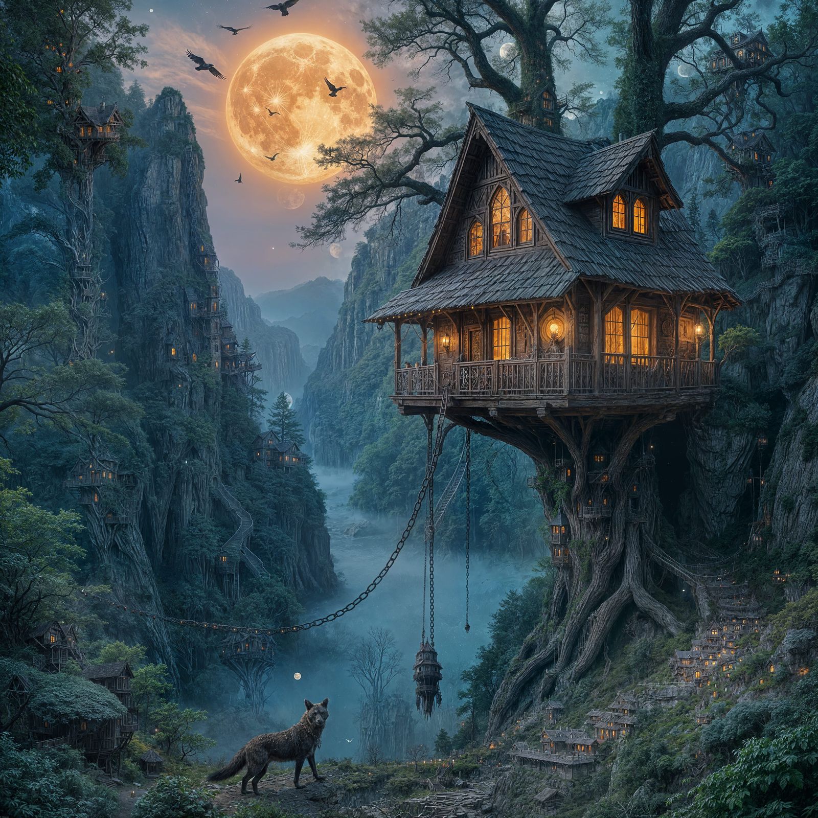 Epic Medieval Treehouse in a Dramatic, Moody Lands... - AI Art