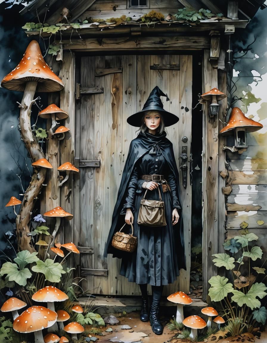 BEAUTIFUL mysterious witch, HAT,cottage DOOR, mushrooms,expressionism ...