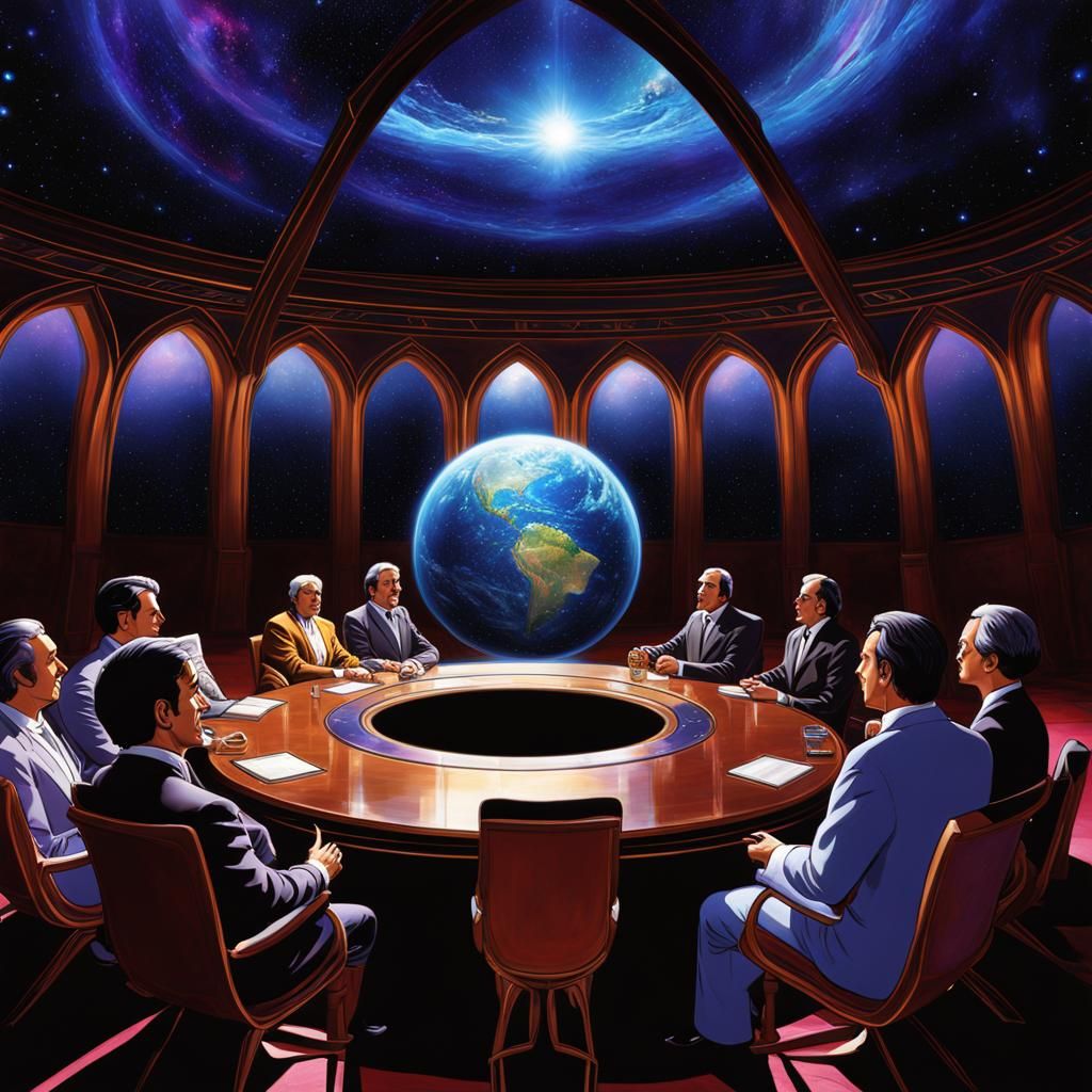 seven seated at Galactic Federation High Council planetarium meeting in ...