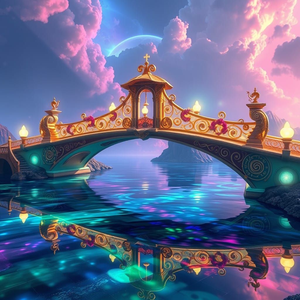 A magical bridge - Majestic Glowing Bridge in Whimsical Drea...