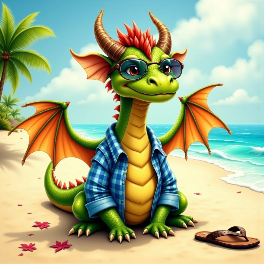 Spring Break - Whimsical Dragon on Beach in Colorful Style