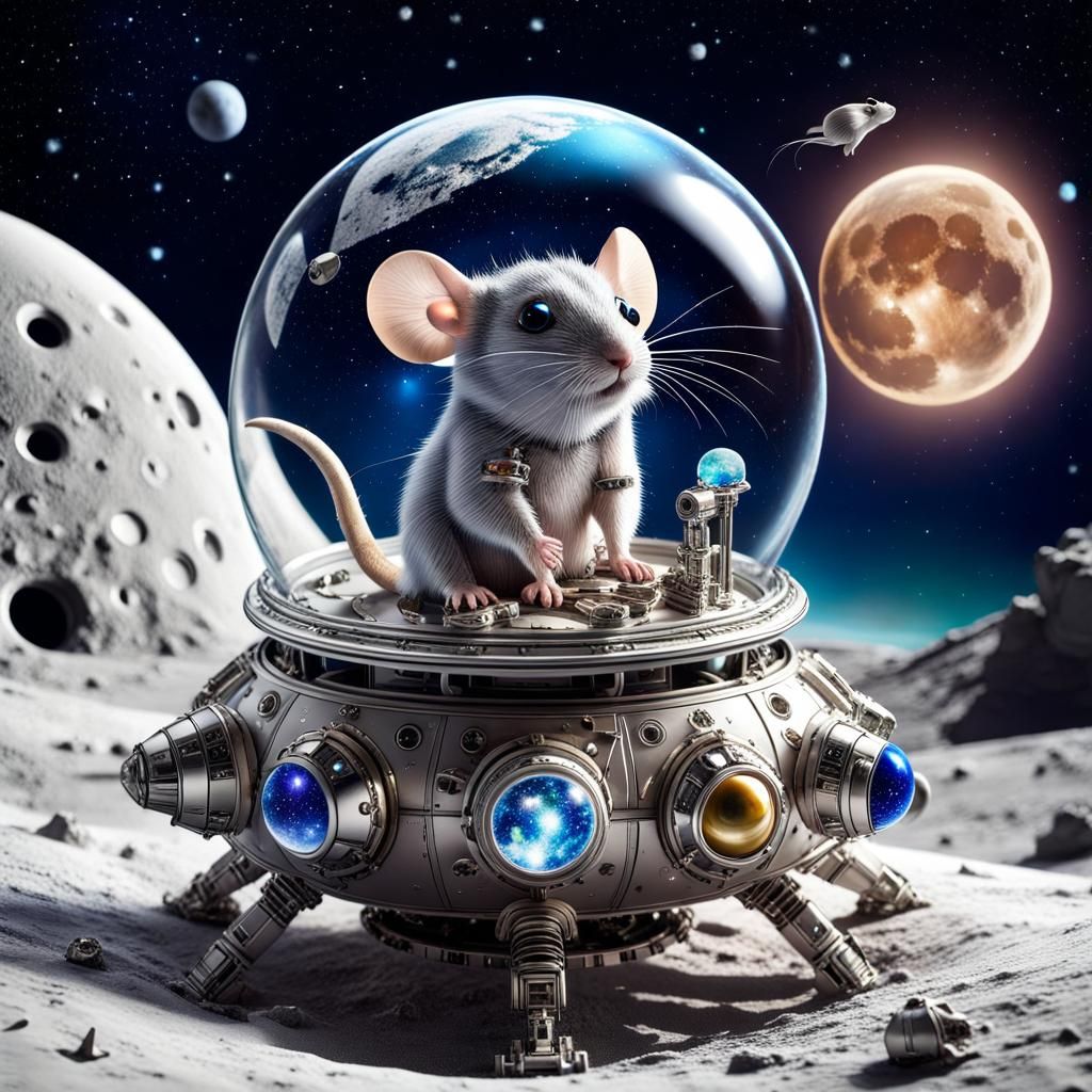 miniature spaceship with glass cap with mouse in it on the moon surface ...