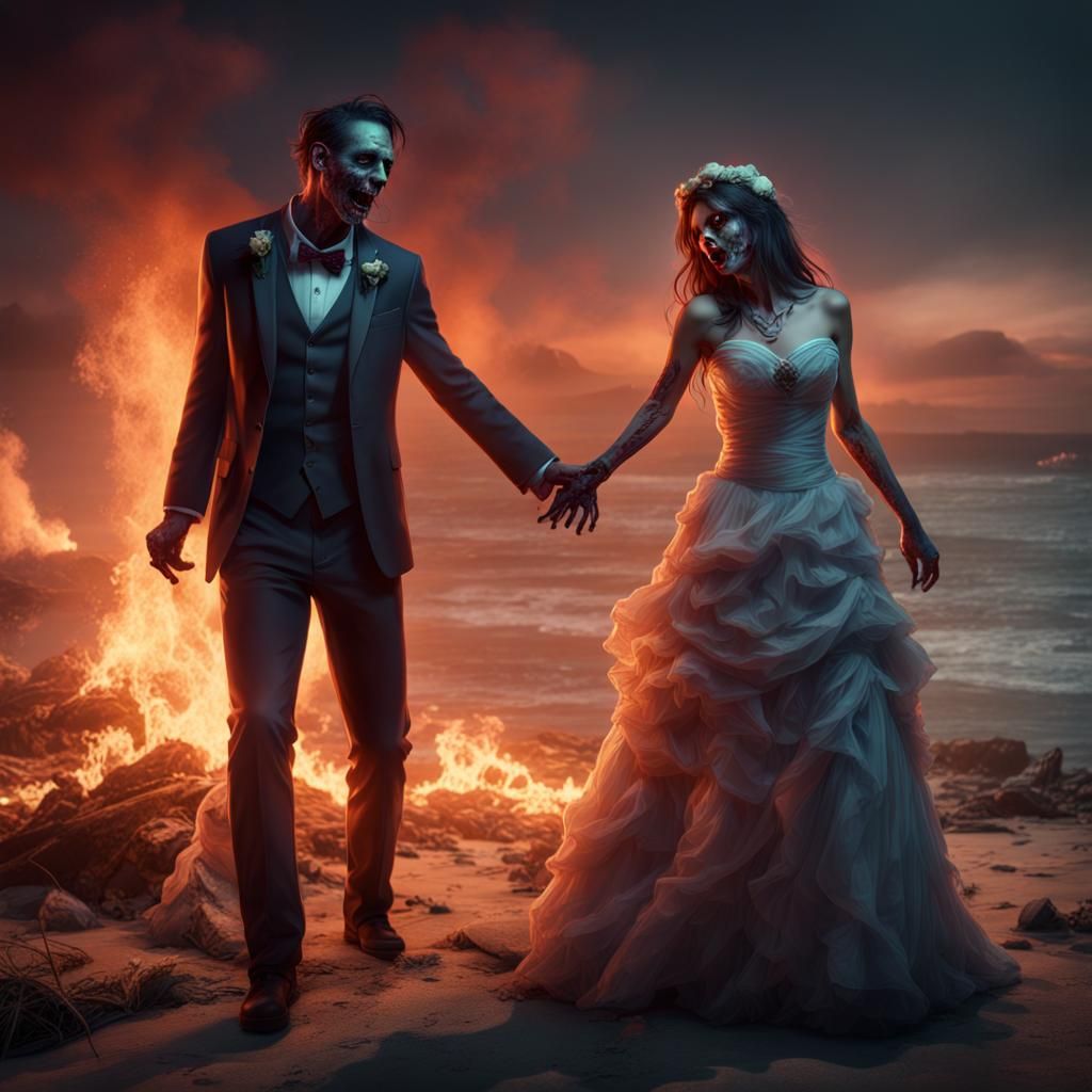 ZOMBIE COUPLE, WEDDING PARTY, ON THE BEACH, AT NIGHT, FIRE IN THE ...
