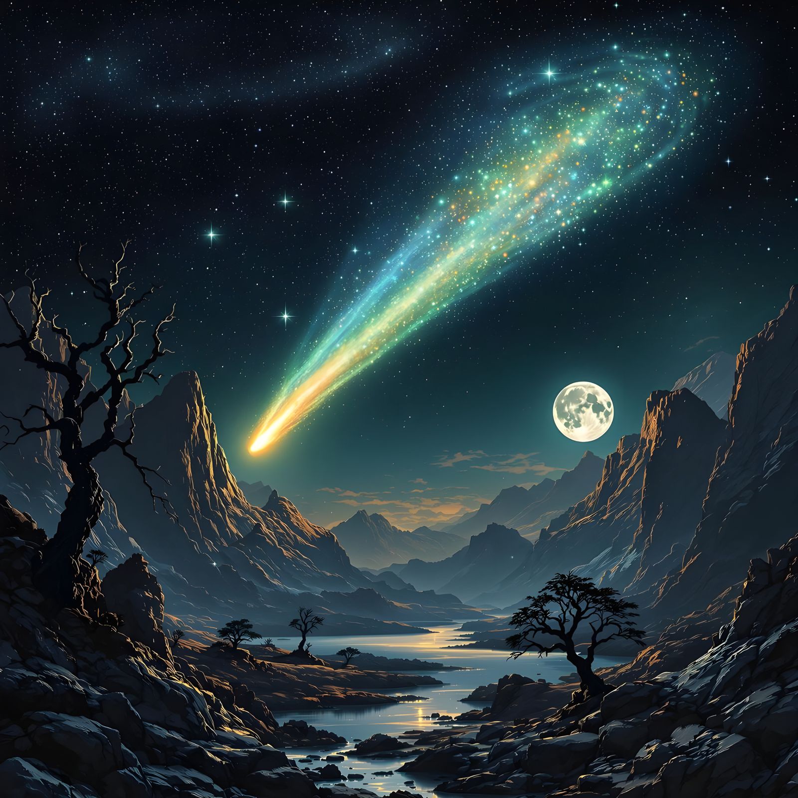 Starburn - Celestial Comet Soars Through Moonlit Landscape i...
