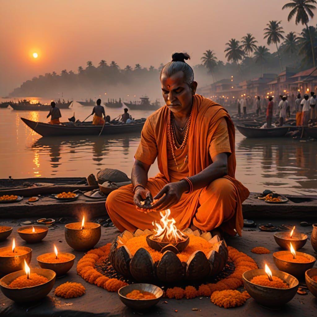 A Brahman in orange dress performing a ritual in front of a Shiva altar ...