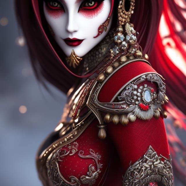 beautiful moon goddess, red and white, detailed, stunning face ...