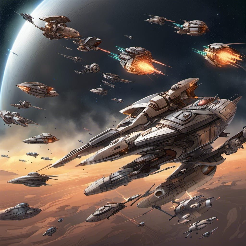 Spacefleet is escaping a Planet - AI Generated Artwork - NightCafe Creator