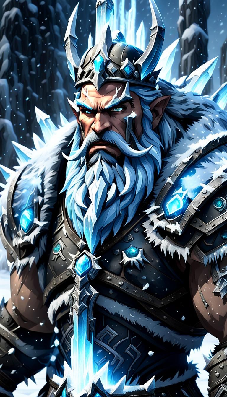 World of Warcraft, 3D, dramatic lighting. A stern, muscular male figure ...