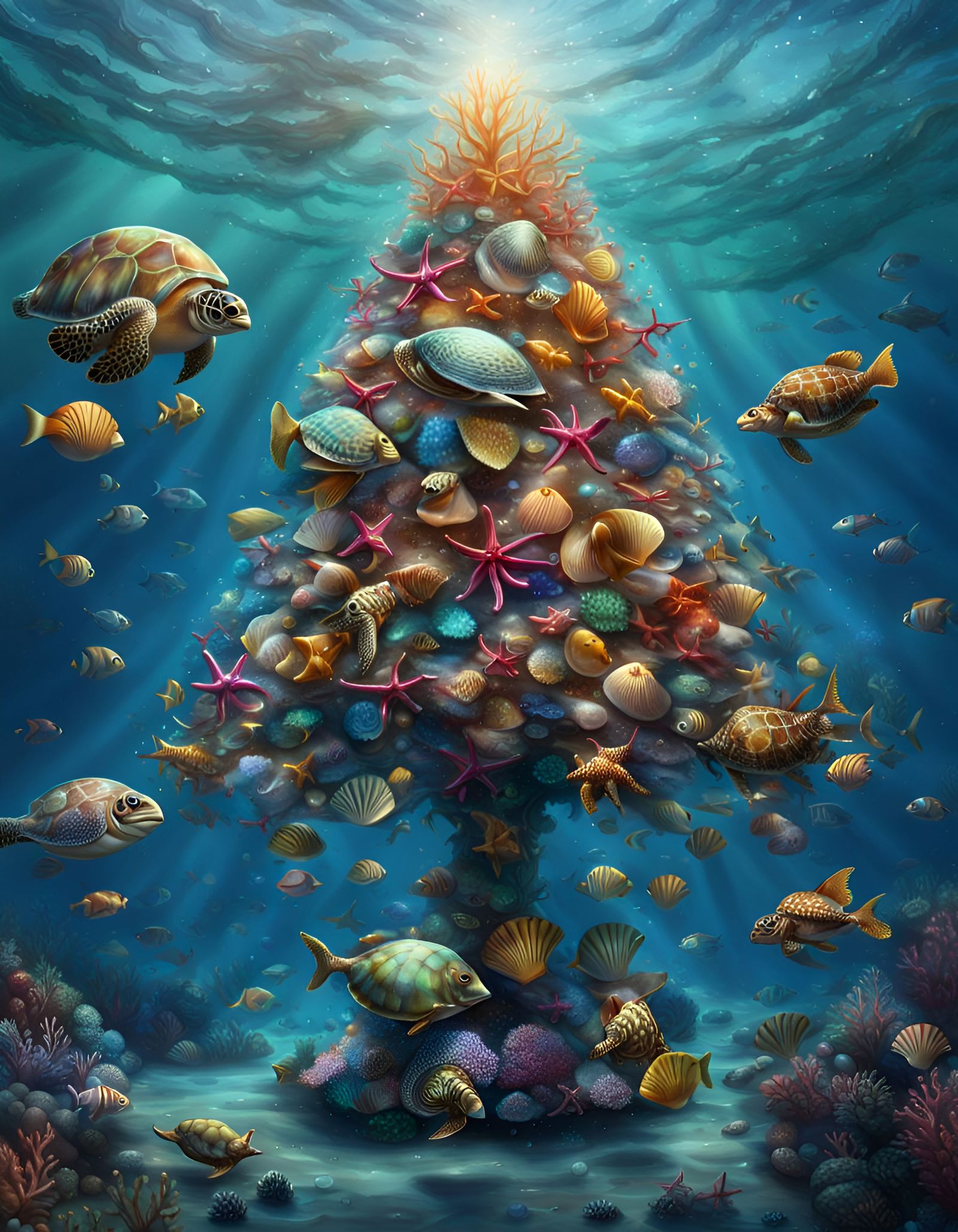 Underwater Christmas tree adorned with brightly colored shell ornaments ...