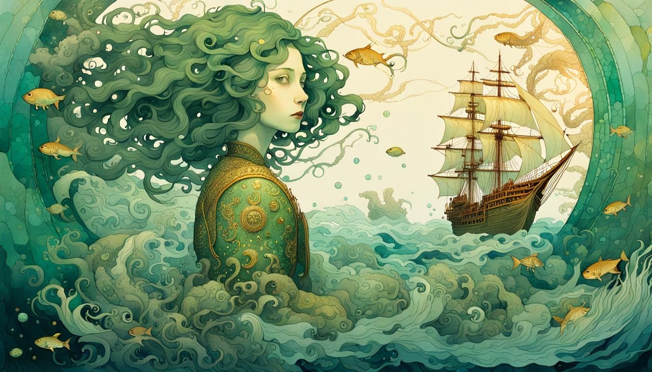 Underwater world. "A commanding fay with green curly hair breath the ...