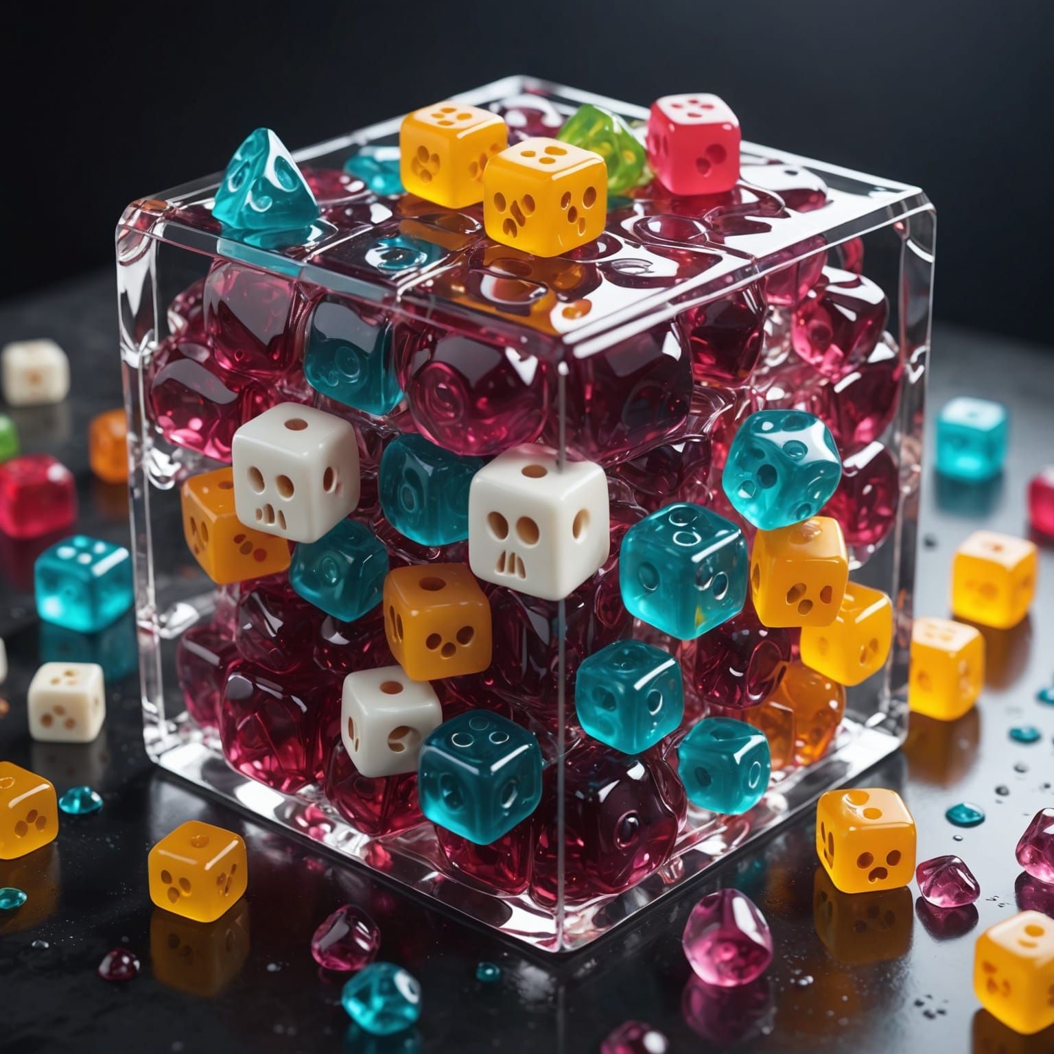 a gelatinous cube (from dungeons and dragons) dripping jelly jam outside, inside cube is a ...