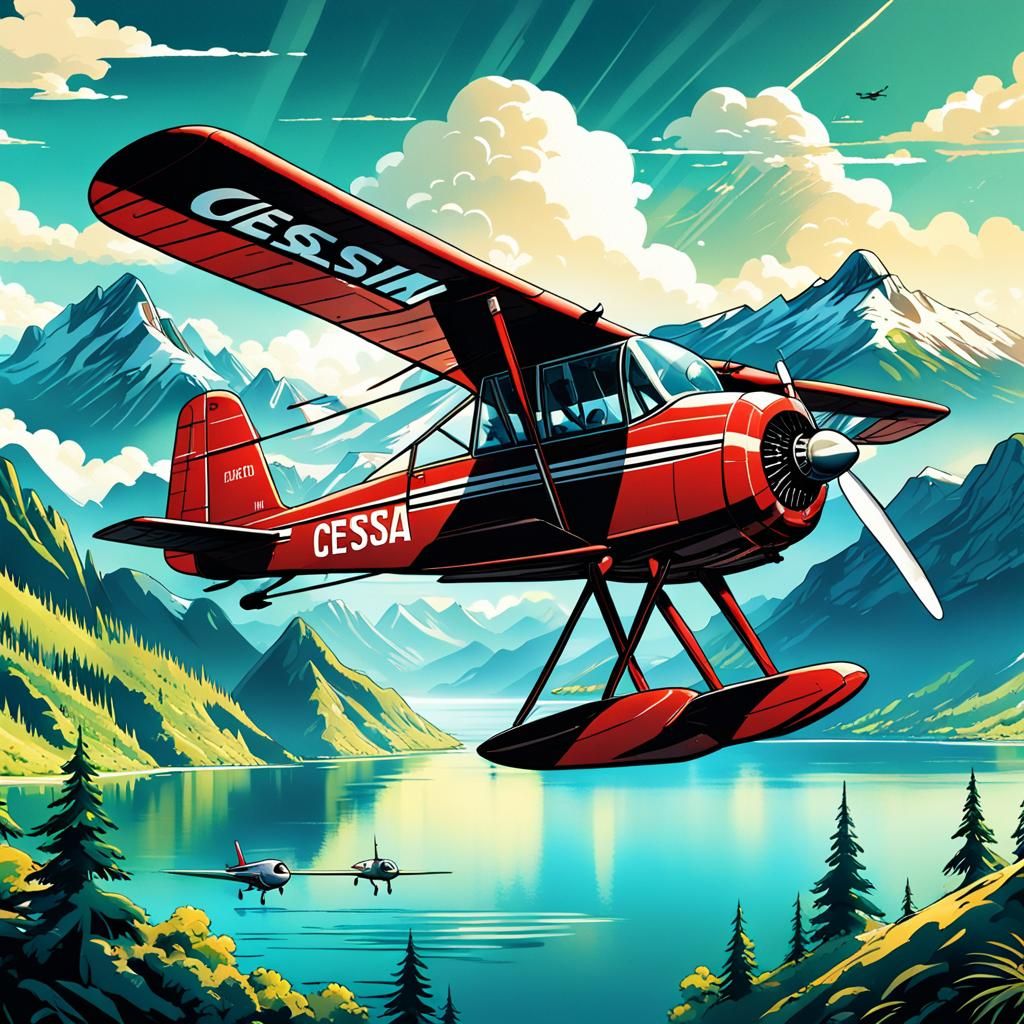 Cessna seaplane flying in front of mountains, Masterpiece, Best Quality ...
