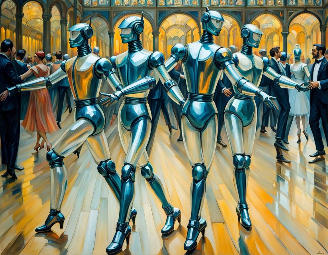 painterly highly detailed transparent humanoid glass robots dancing ballet, in the style of ...