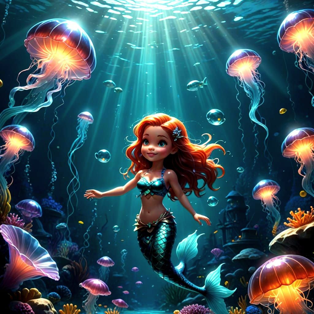 Glowing Glass Mermaid in Vibrant Underwater Wonder... - AI Art