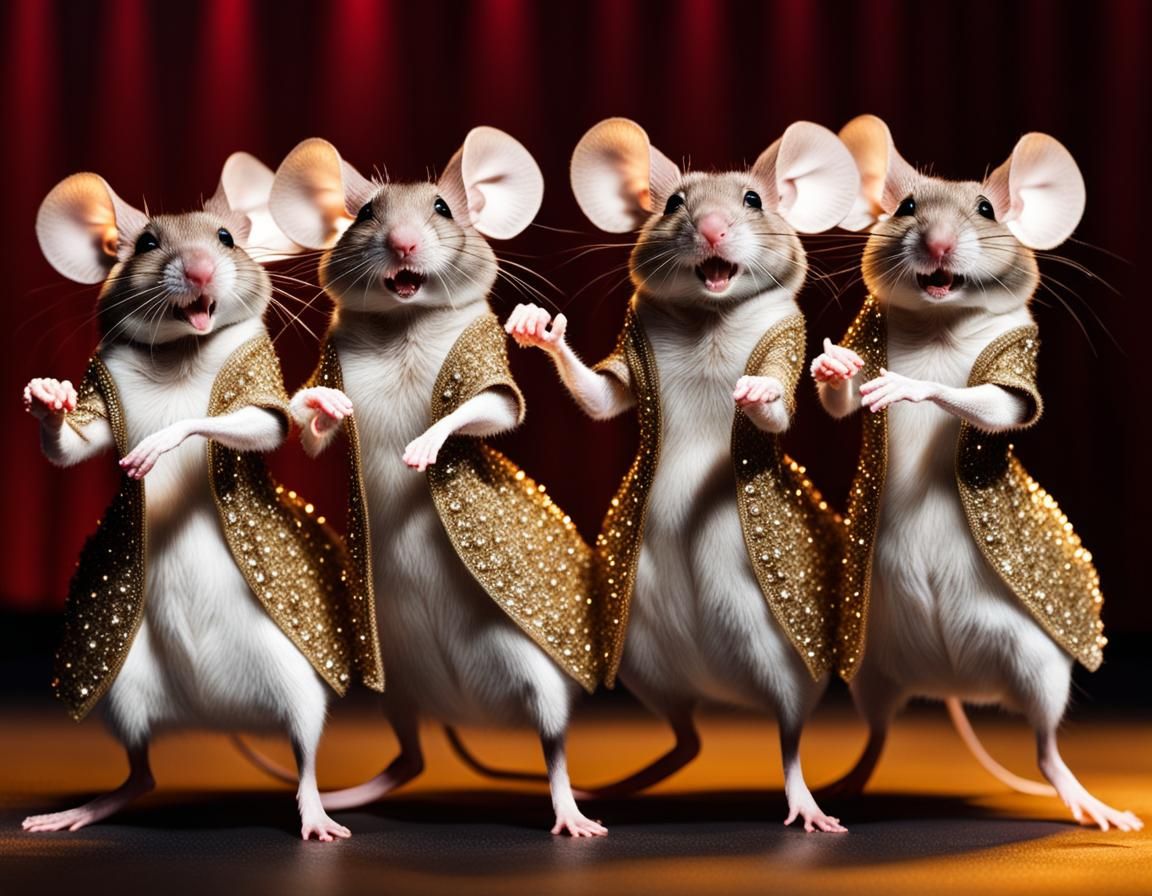 A row of female mice, doing the can-can dance on stage, glitzy ...