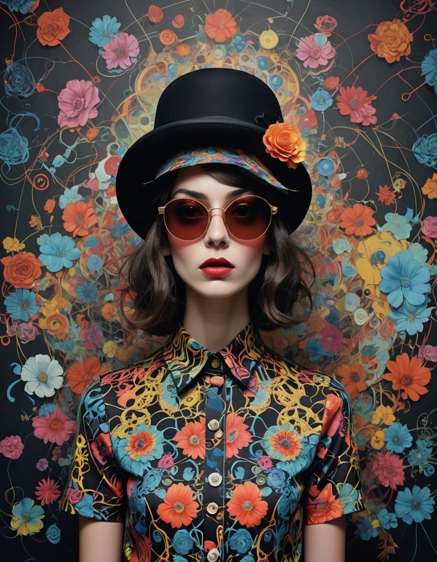 a punk 80's British model woman with bowler hat, in minimal psychedelic ...