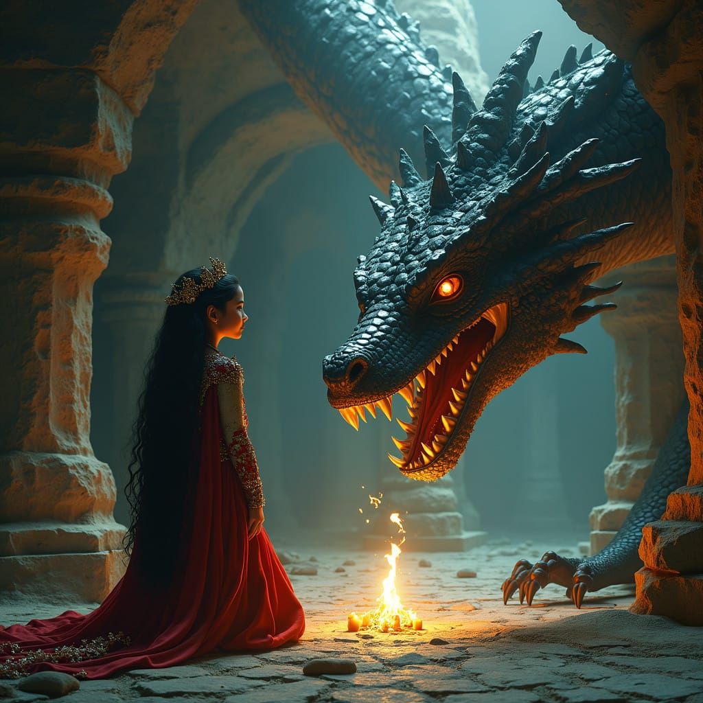 Mystical Queen Kneels Before Dark Dragon in Ancien... - AI Art