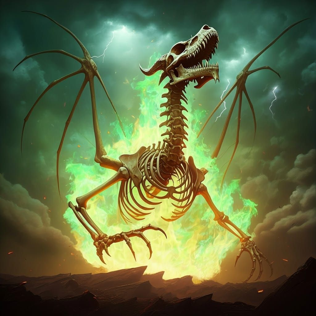 Dragon's Skeleton Rises from Emerald Flames in 8K ... - AI Art