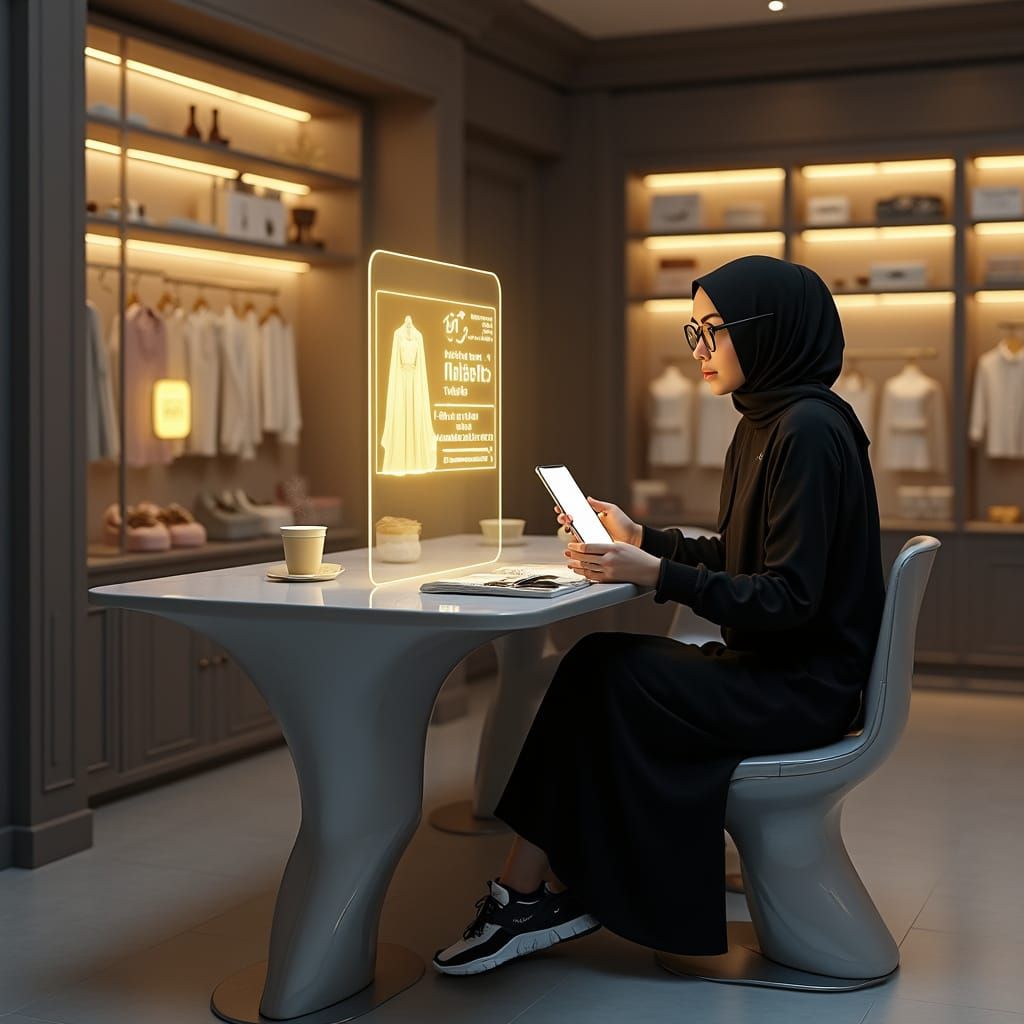 Futuristic Boutique Scene with Woman in Hijab - AI Art