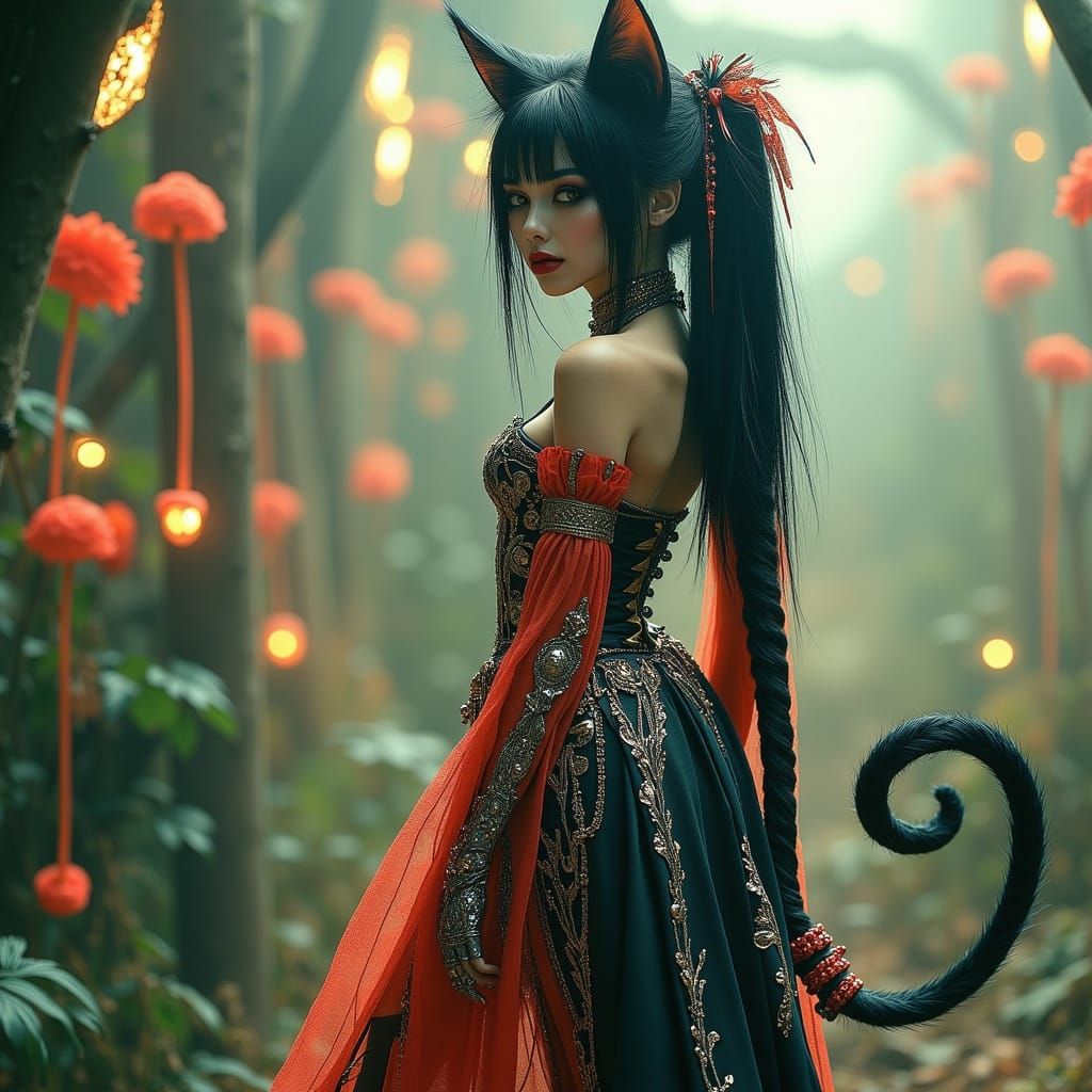 Uwu kawai punk anime inspired cat woman with tail. Flawless features ...