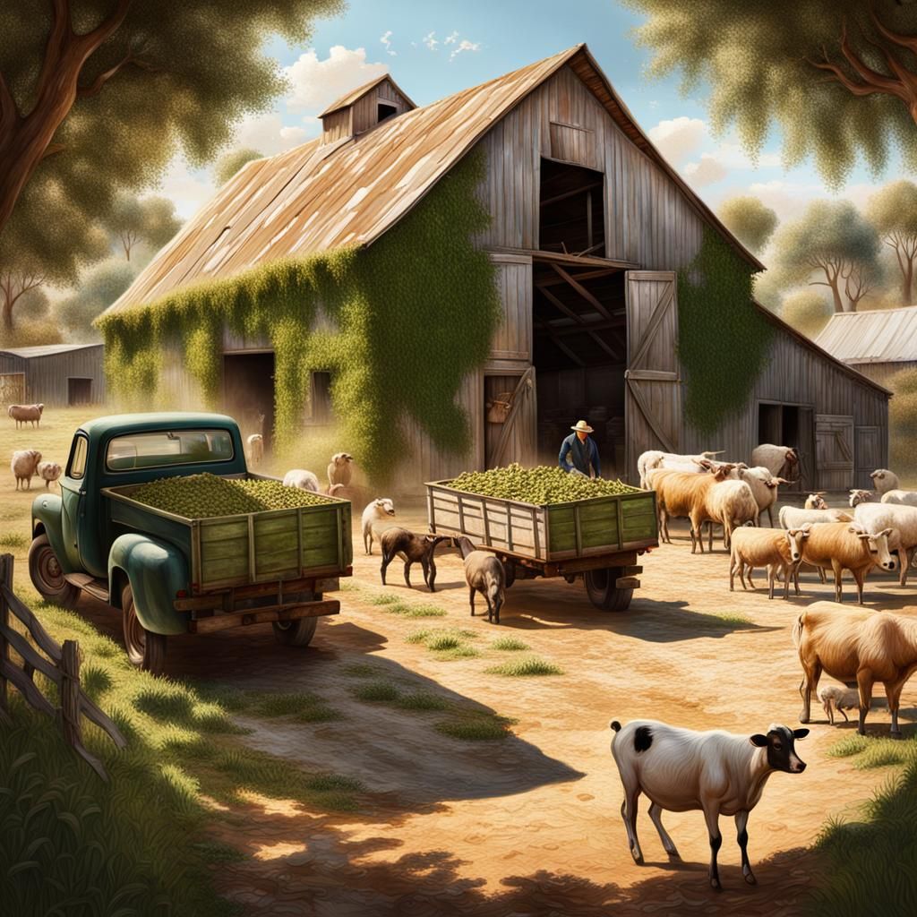 imagine a backyard of a farm ,there a truck filled with fresh ...