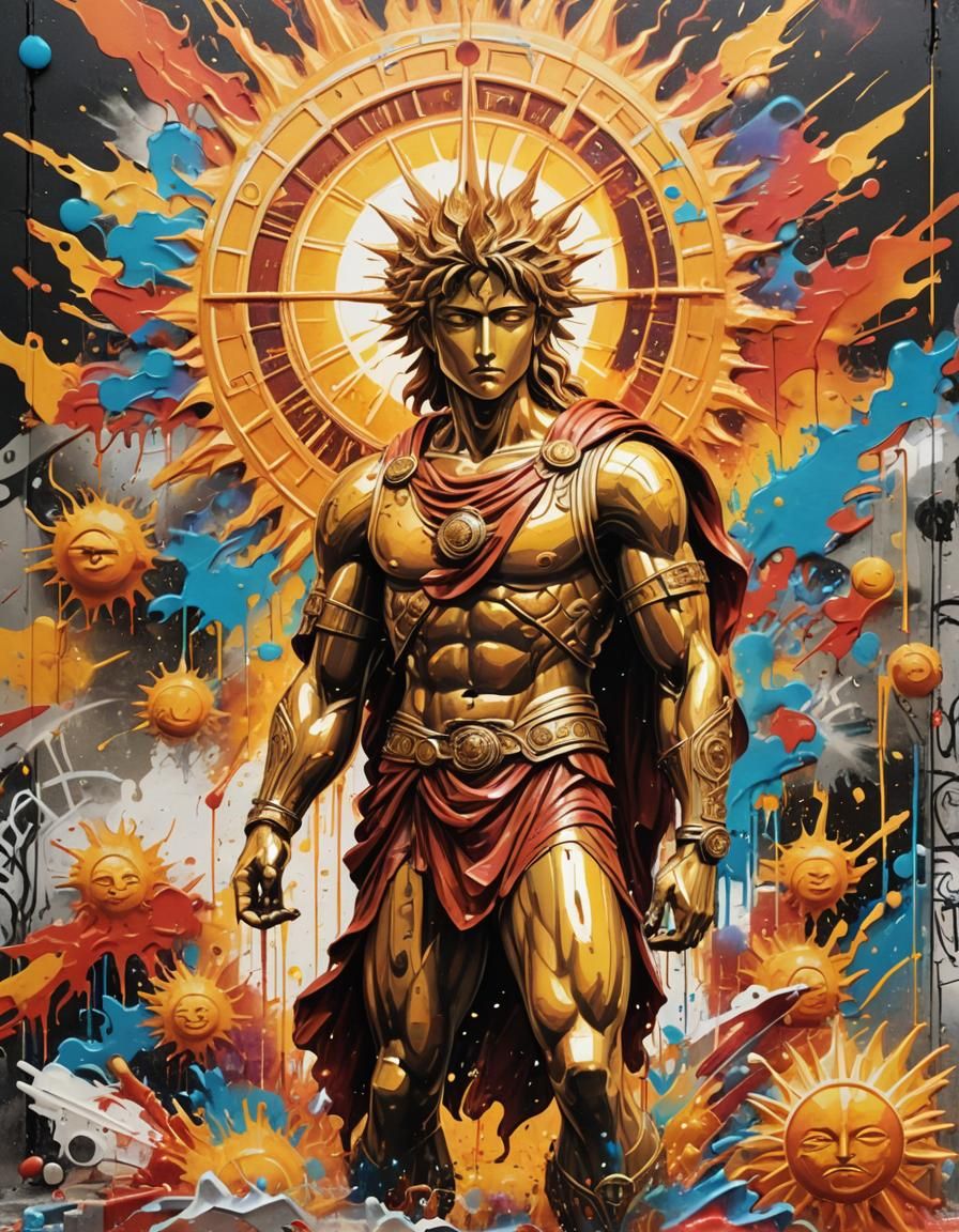 androgynous Apollo the god of the sun in warm colors, surrounded by sun ...