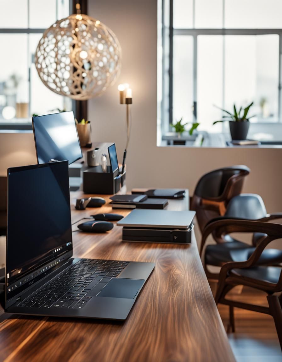 A laptop computer on a work desk in a home office for remote work with ...