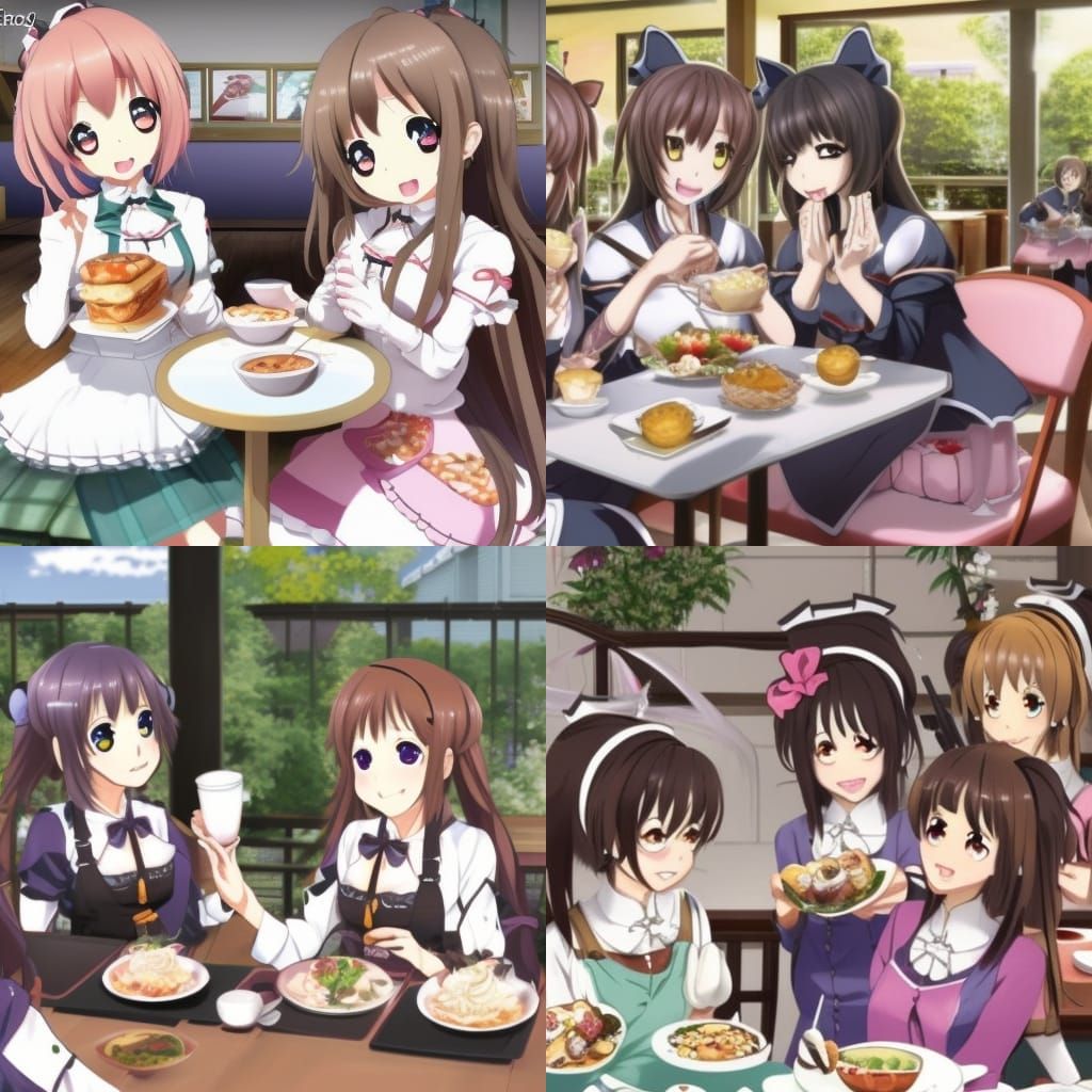 anime girls eating at a cafe with maid catgirls serving them, beautiful ...