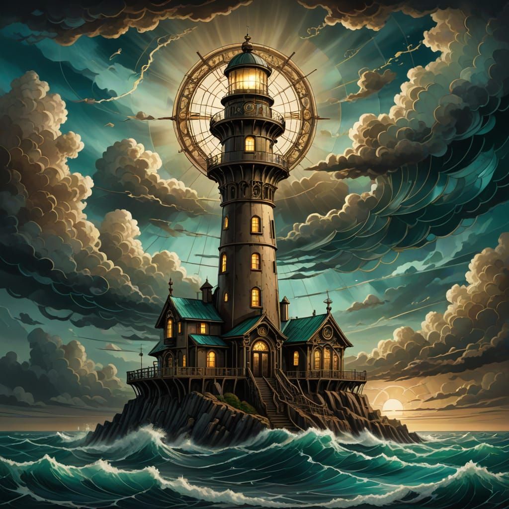 steampunk deniz feneri - Steampunk Lighthouse Amidst Turbule...