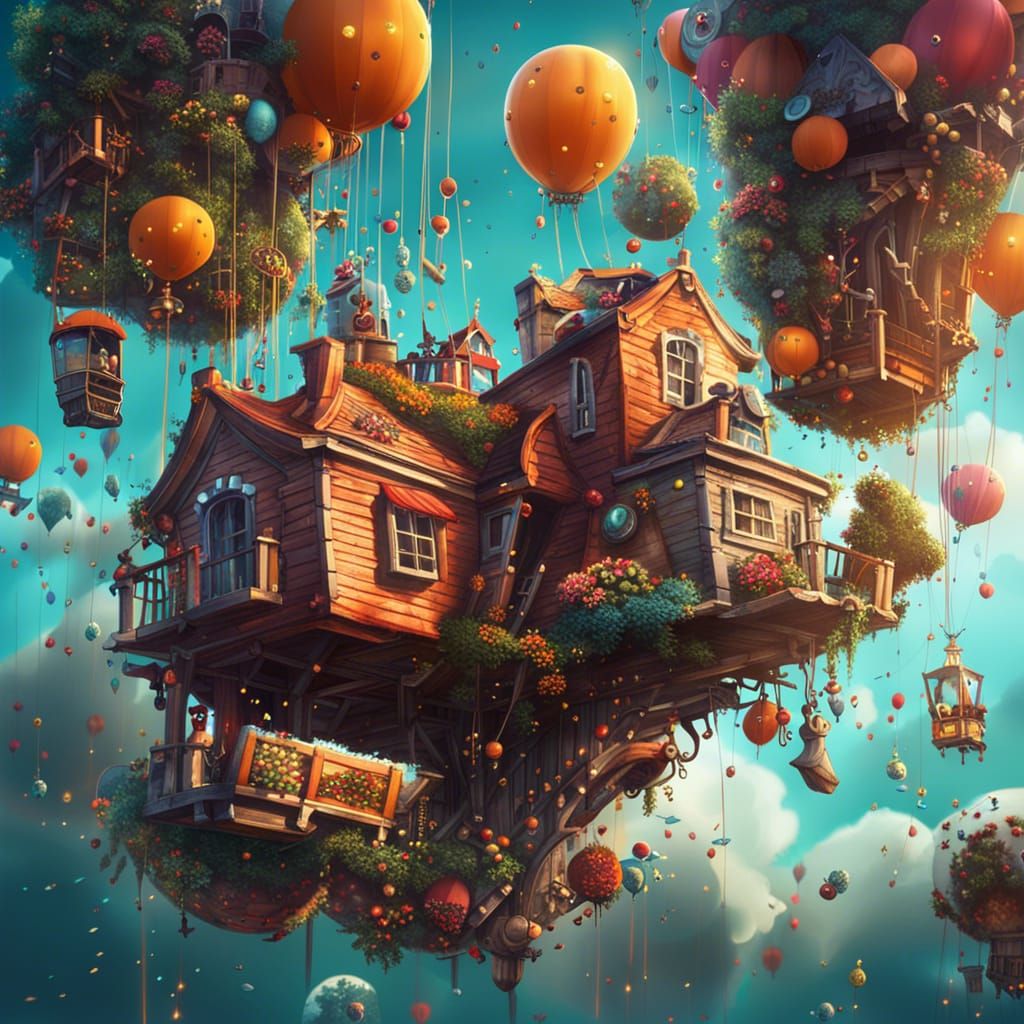 Whimsical illustration featuring scene where gravity appears to defy ...