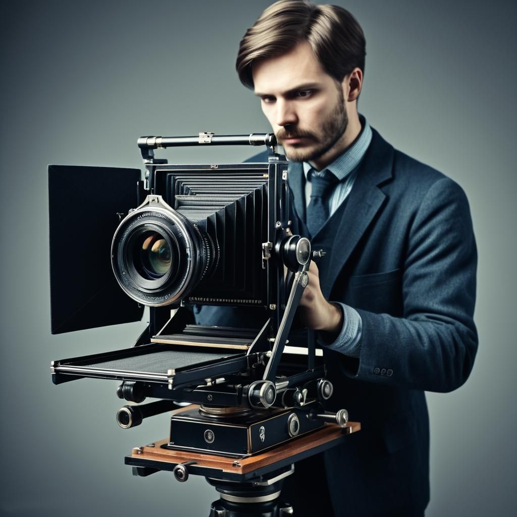 Photographer work with high resolution camera bellows 1901 sharp focus ...