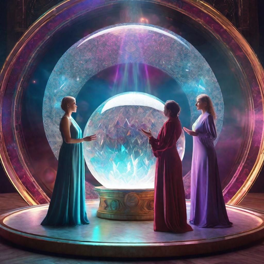 three magicians - women standing in a circle on a circular podium and ...