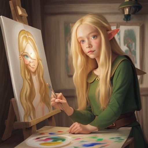 Elf painting a self-portrait, elf painting on canvas, elf panting a ...