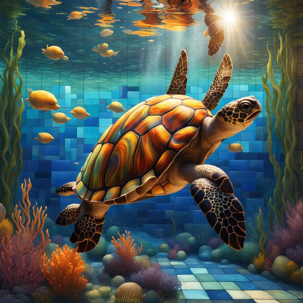 tile mosaic wall of underwater scene with turtle, based on dale chihuly ...