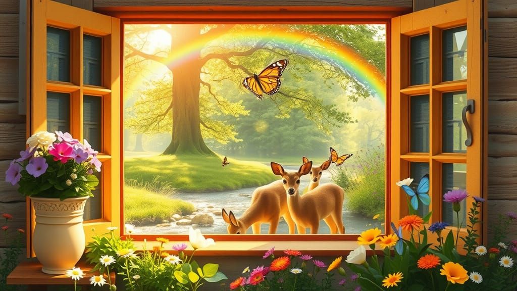 Enchanted Forest Glade - Whimsical Cottage Window Scene in P...