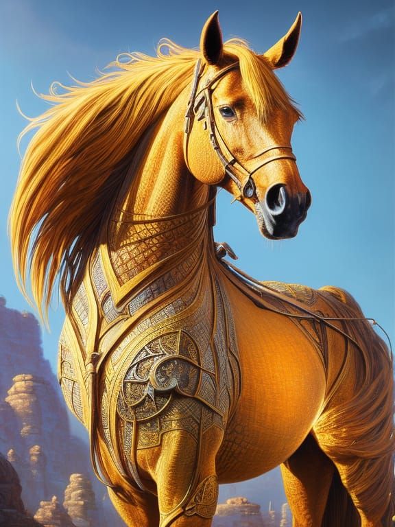 golden horse with lots of straps - AI Generated Artwork - NightCafe Creator