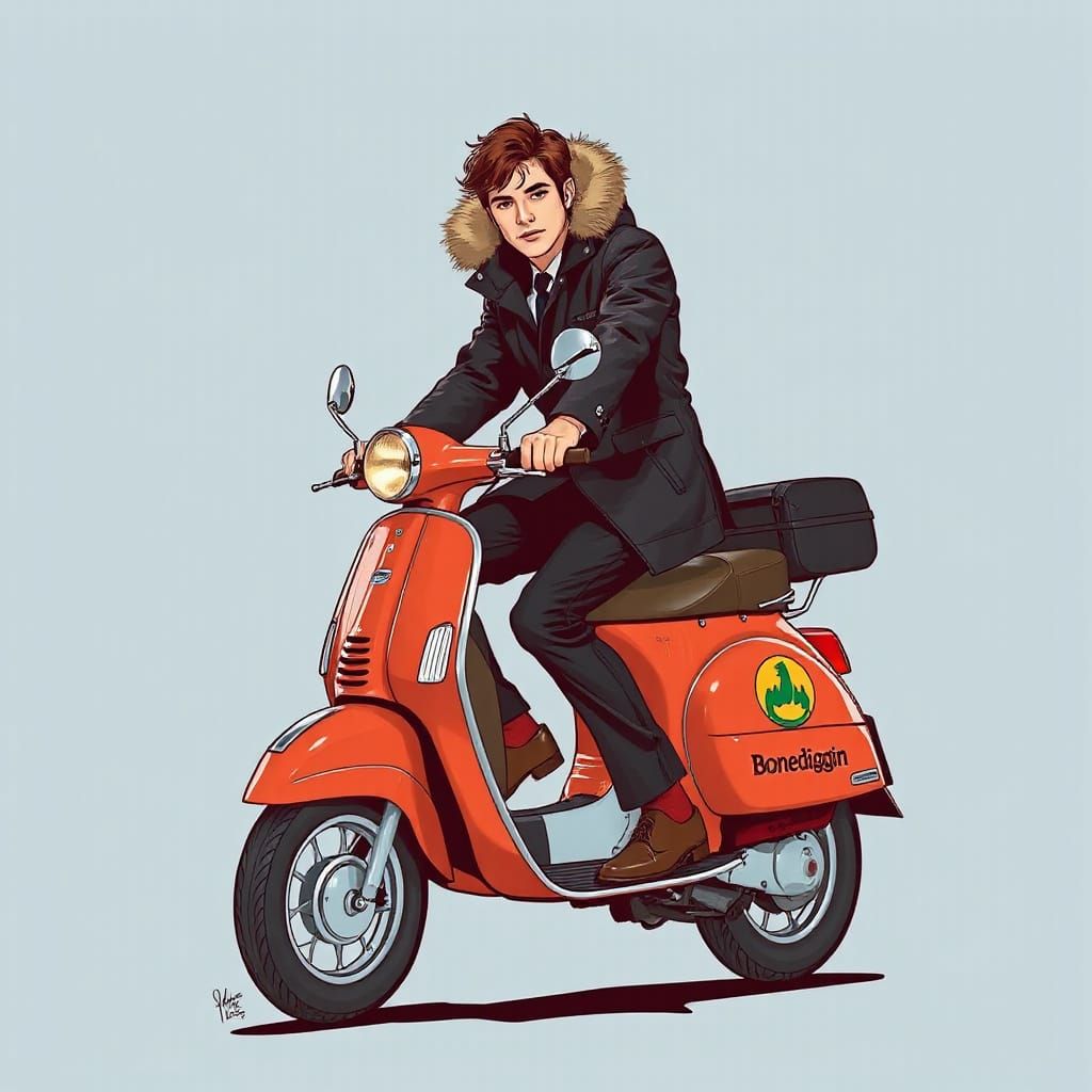 Mod wearing a parka on a mod scooter wrapped in "bonediggin'" artwork