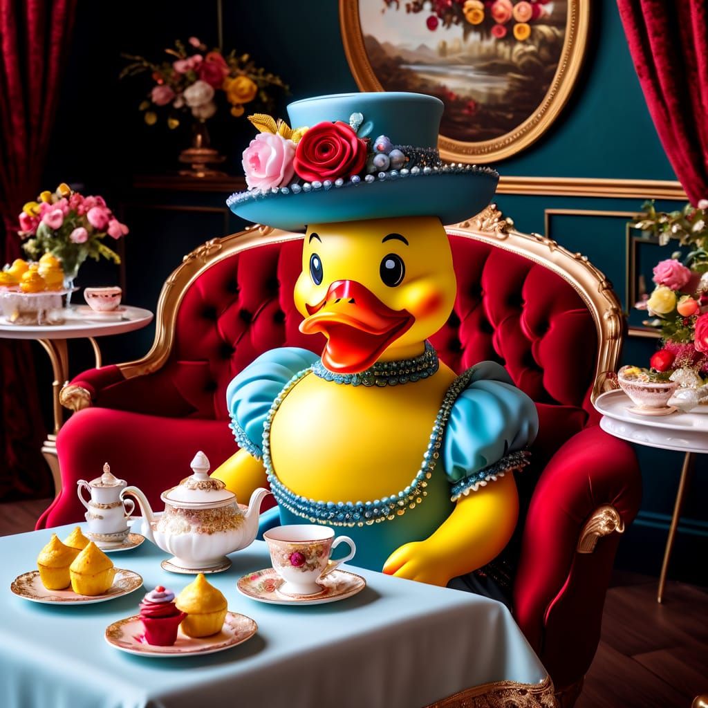Rubber duckie having high tea - Cartoon Rubber Ducky Sips Te...