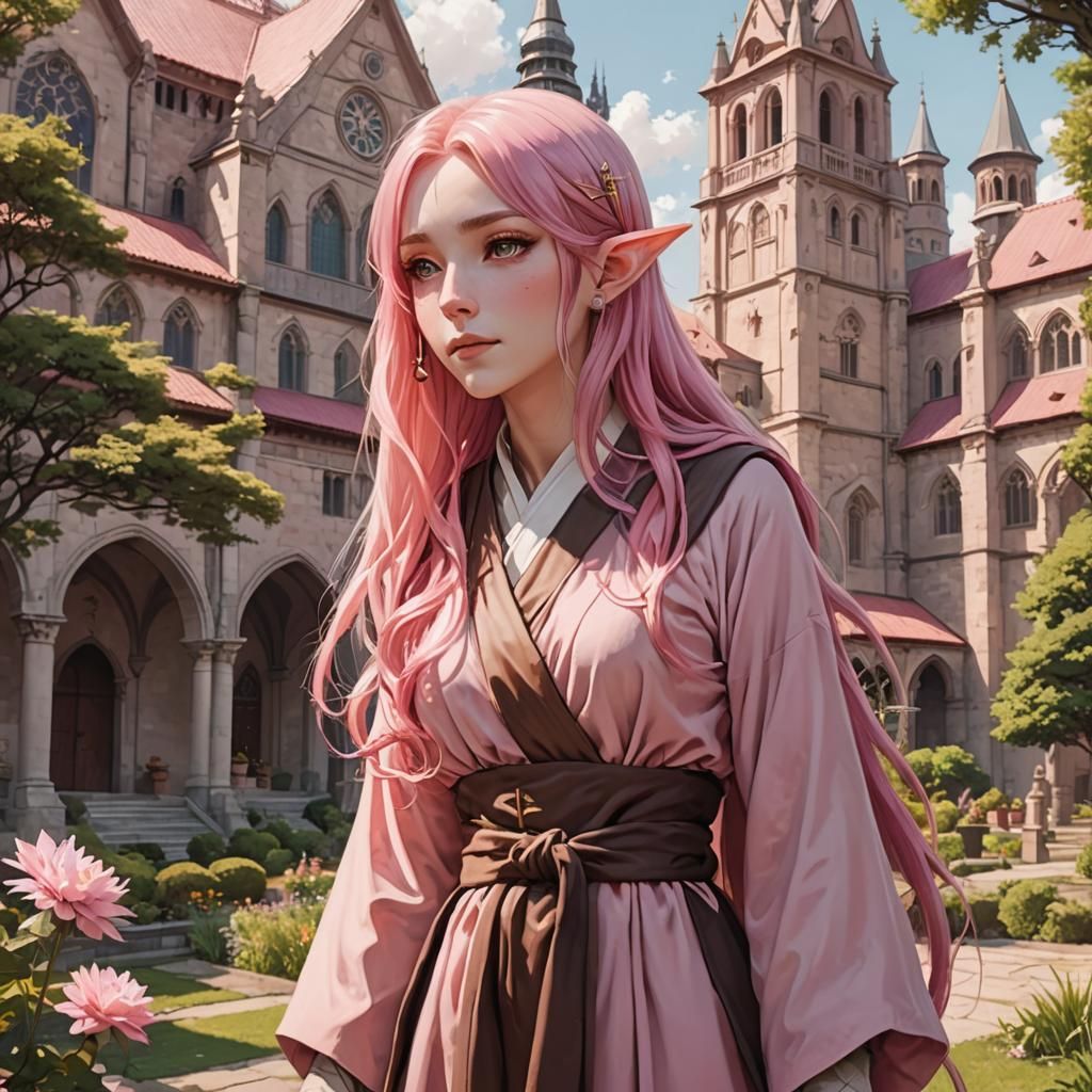 Pink Elf in front of Monastery - AI Generated Artwork - NightCafe Creator