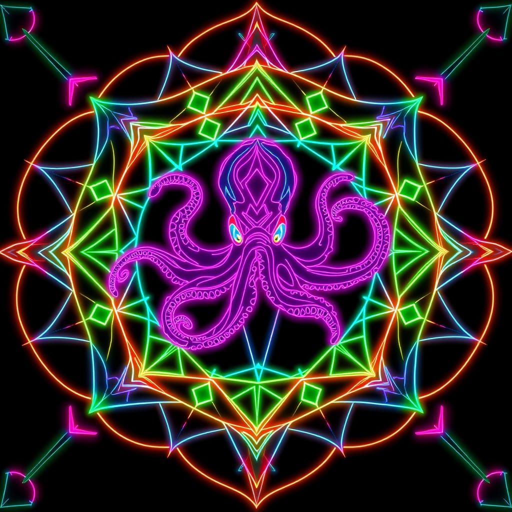 Sacred Octopus - Vibrant Neon Sacred Geometry Pattern Hides ...