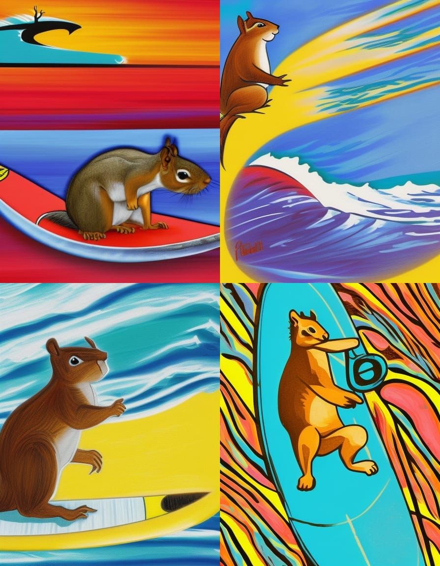 squirrel riding a wave on a surf board in hawaii, wearing a hawain shirt giving the hang ten ...