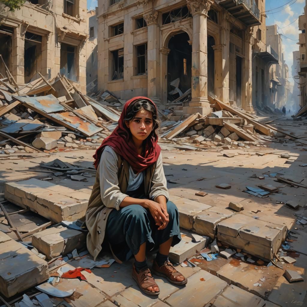 A Palestinian girl sitting on a ruined sidewalk crying. Destroyed ...