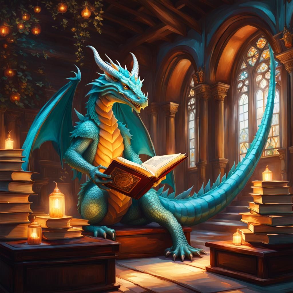 Dragon Reading a Book #2 - AI Generated Artwork - NightCafe Creator