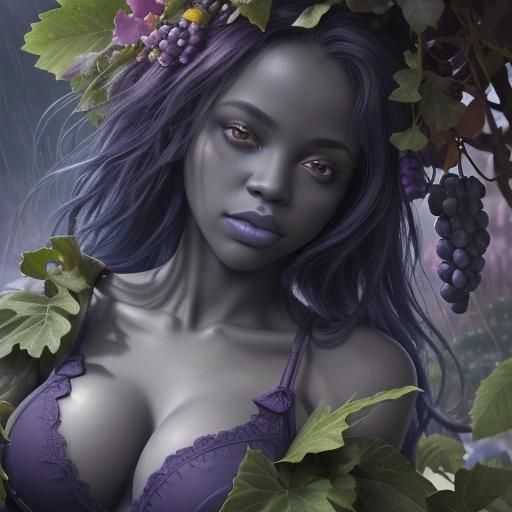 Deep magic colorfool garden, giants colors grapes , storm around with dark clouds, near plants ...