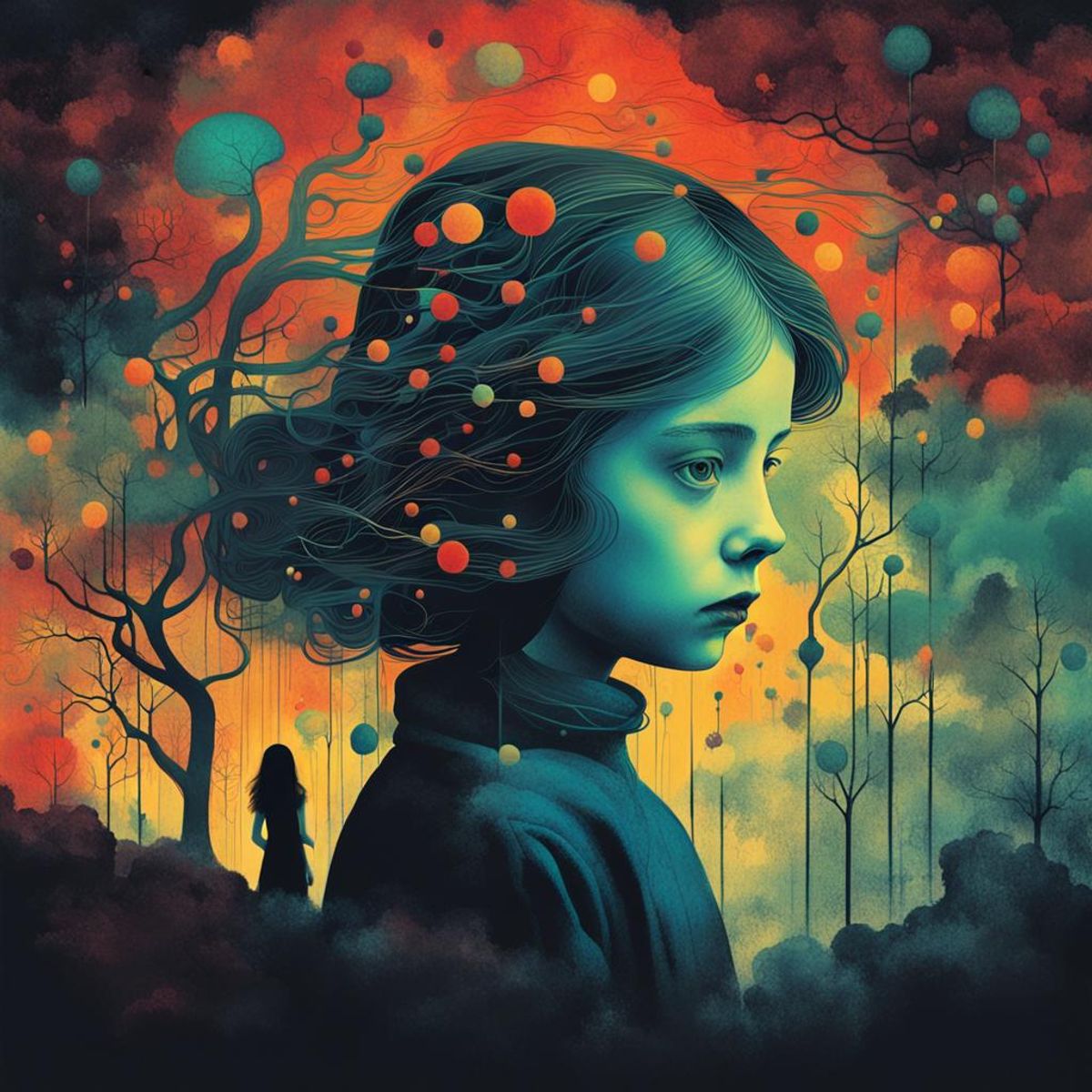 Vibrant colorful. Double exposure surreal dark depiction of girl with ...