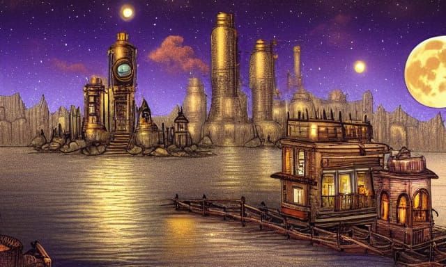 Steampunk city on the shore of a lake with a full moon - AI Generated ...
