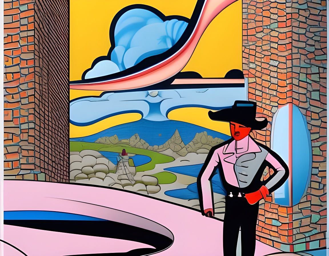 Projected cinematic noir of the Futurista Dandy Cowboy against a cosmic ...