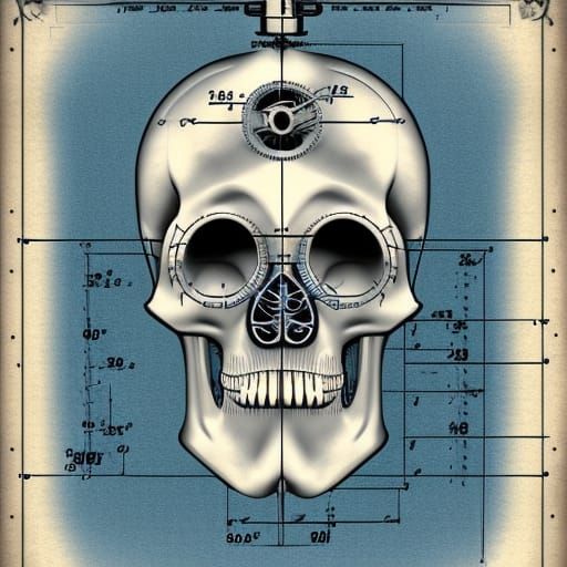 Blueprint of Steampunk skull; light sensitive blue engineering document ...