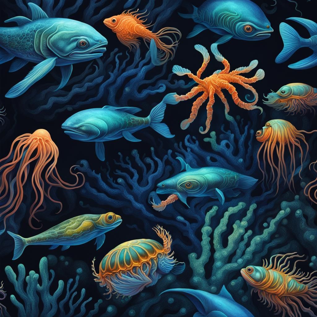 biolumeniscent glowing deep sea creatures swimming in the dark ocean ...